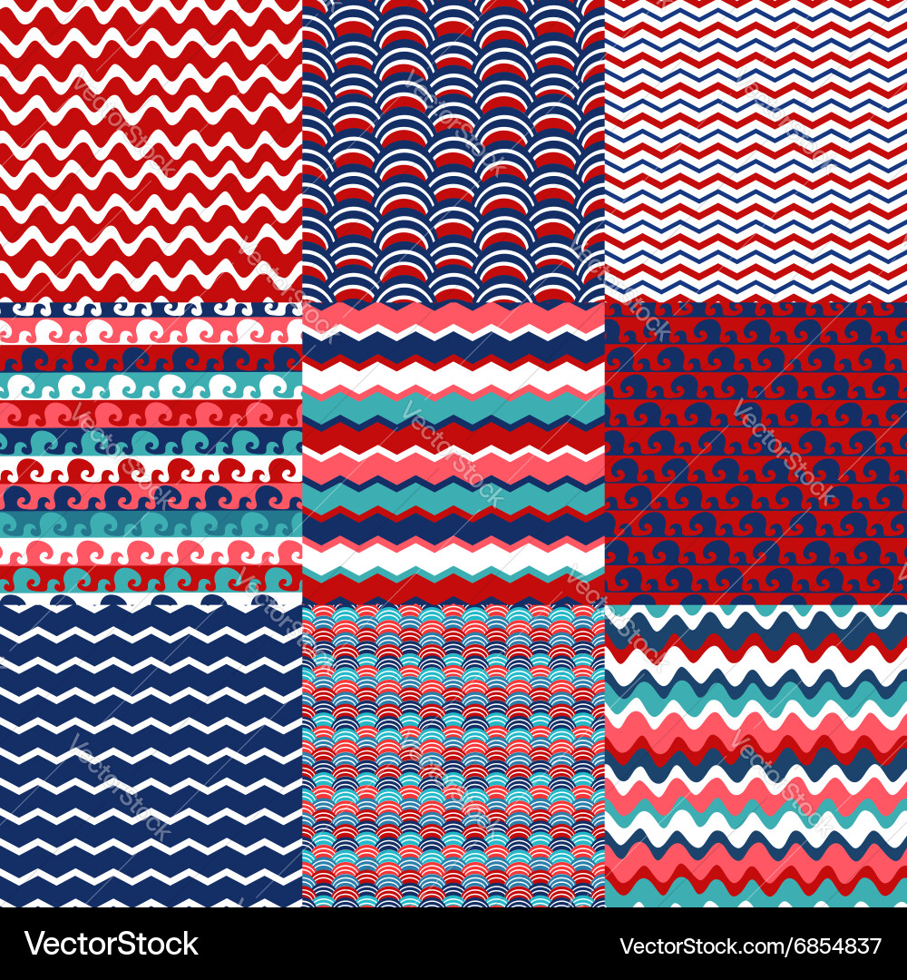 Set blue red and white sea wave seamless Vector Image