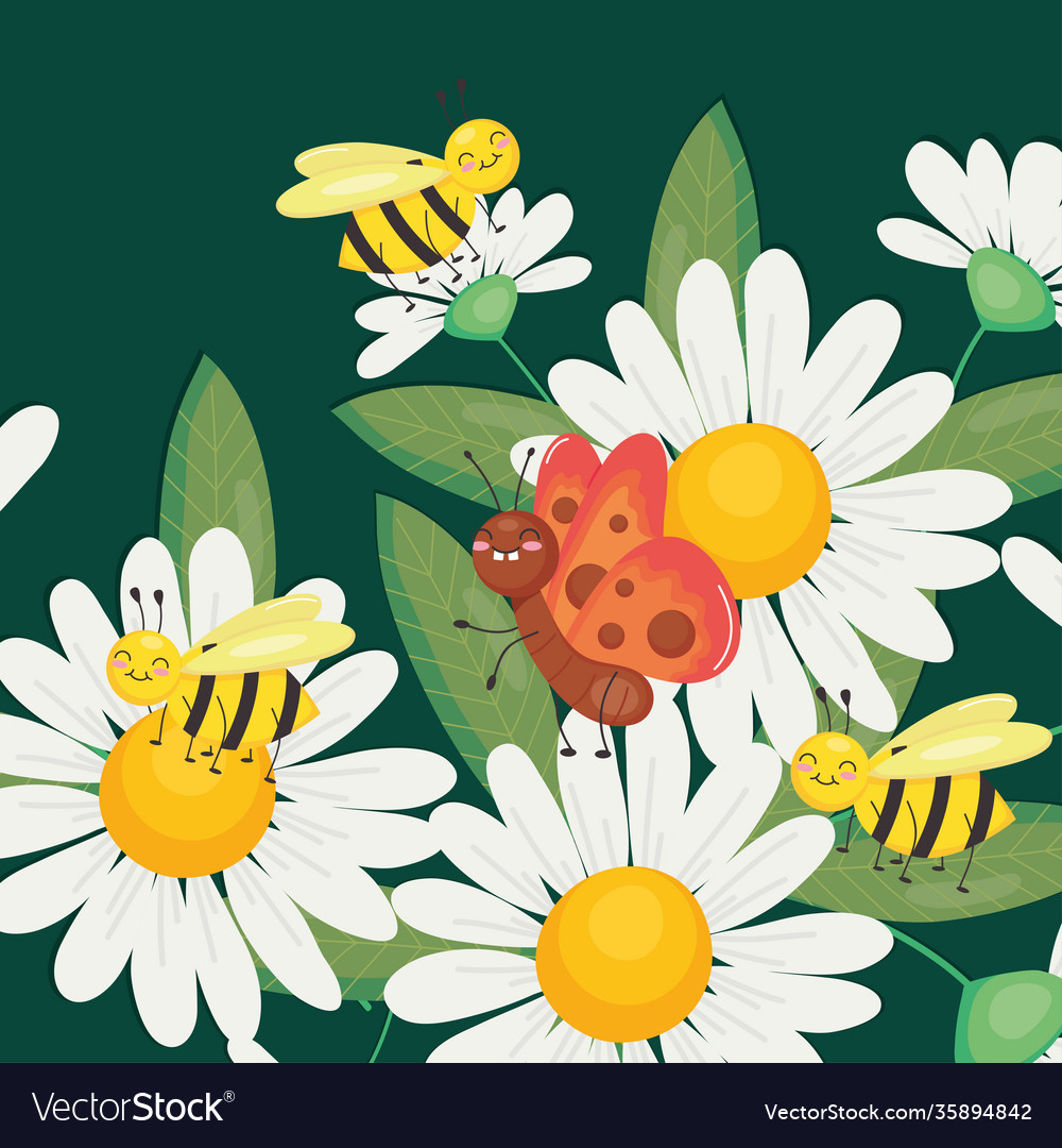 Cute bees and butterfly standing on flowers Vector Image