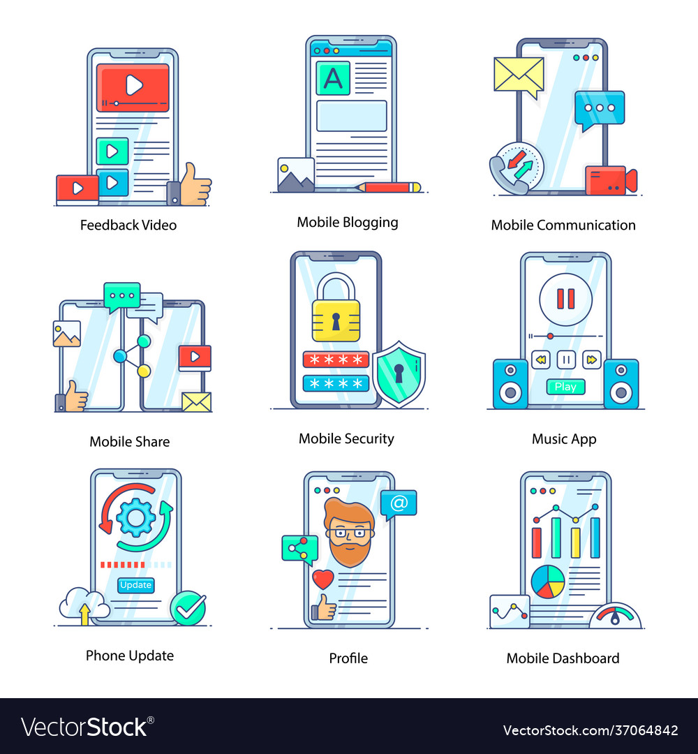 Pack mobile apps flat outline icons Royalty Free Vector