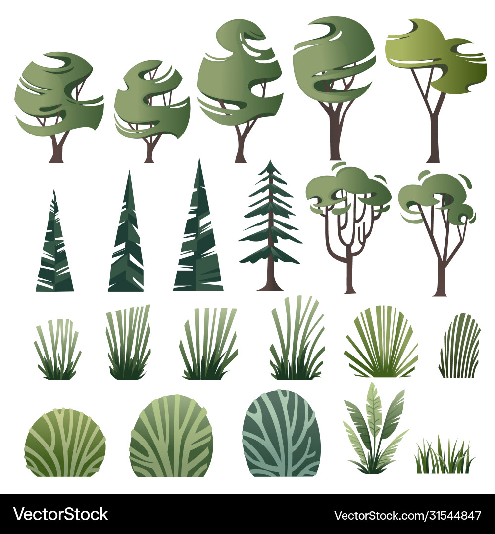 Big set green grass bushes and trees modern Vector Image