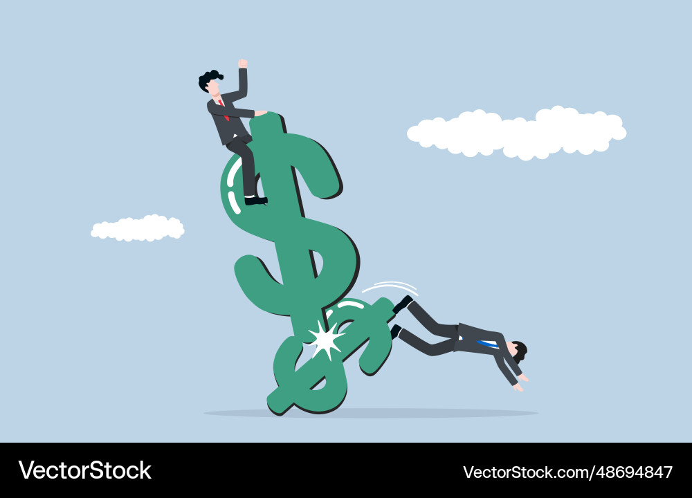 Businessman on big dollar signs beating competitor