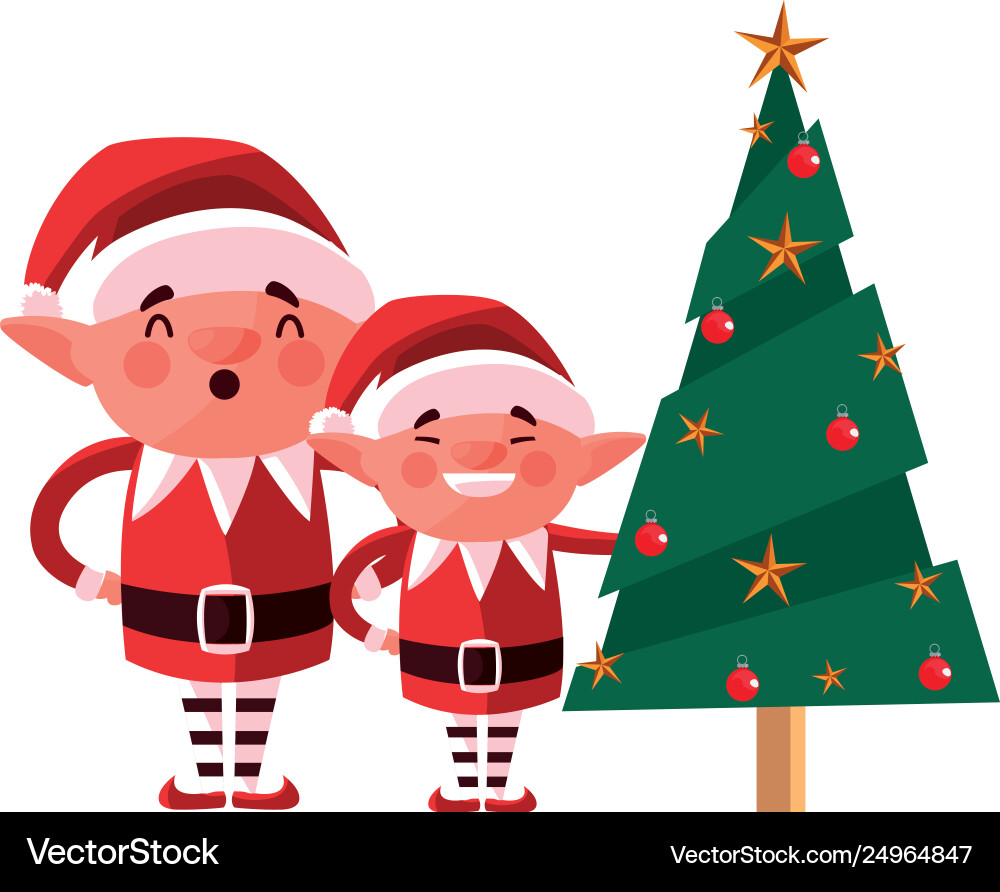 Christmas elves and tree decoration Royalty Free Vector