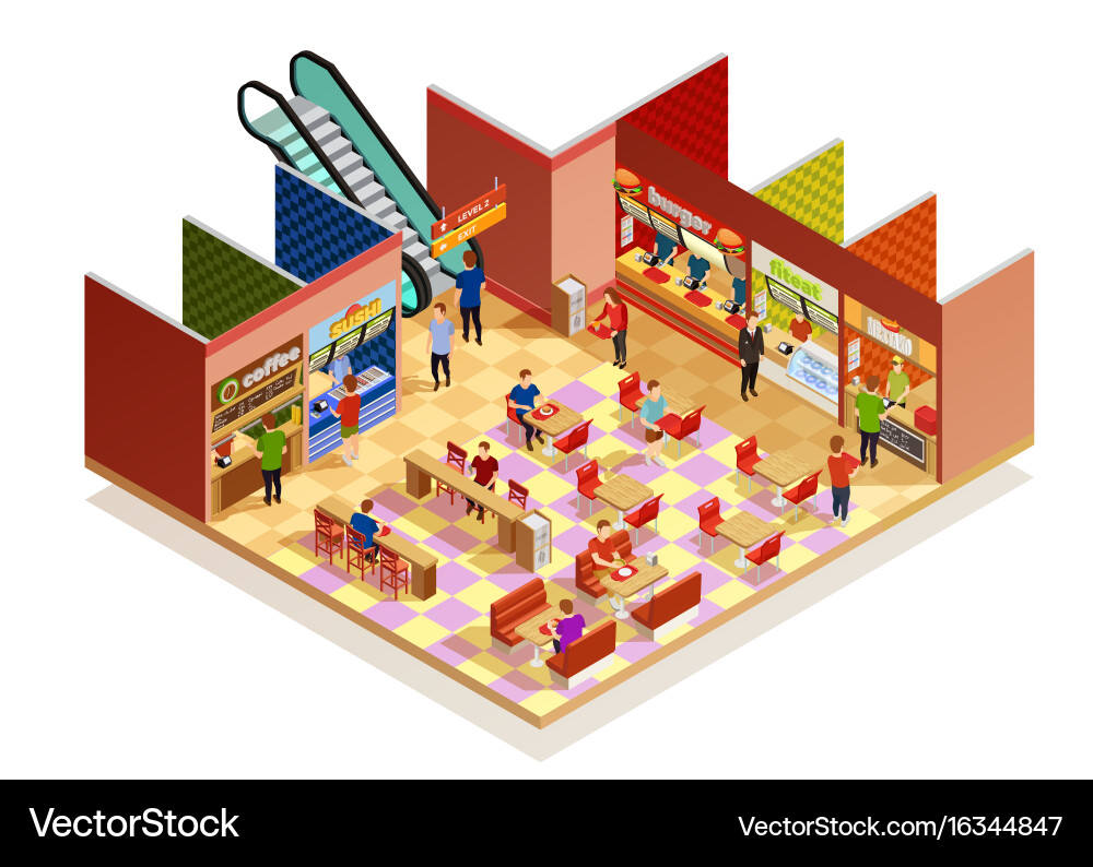 Food court isometric composition Royalty Free Vector Image