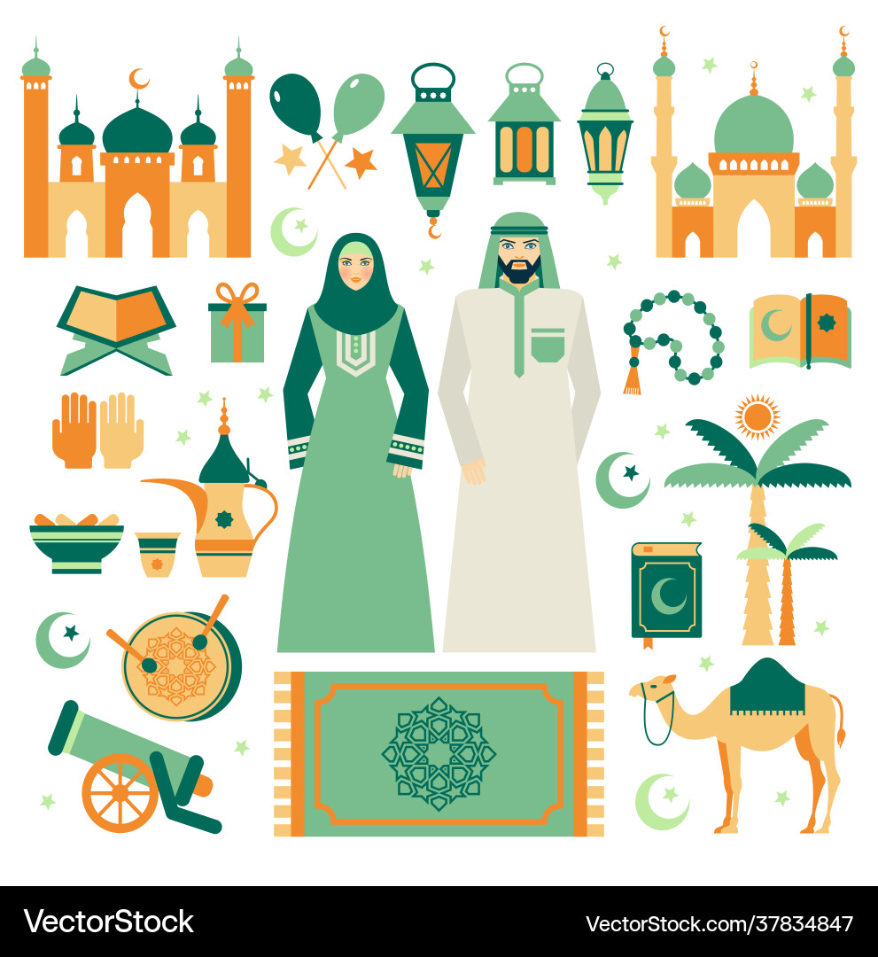 Muslim set icons arabian flat design Royalty Free Vector