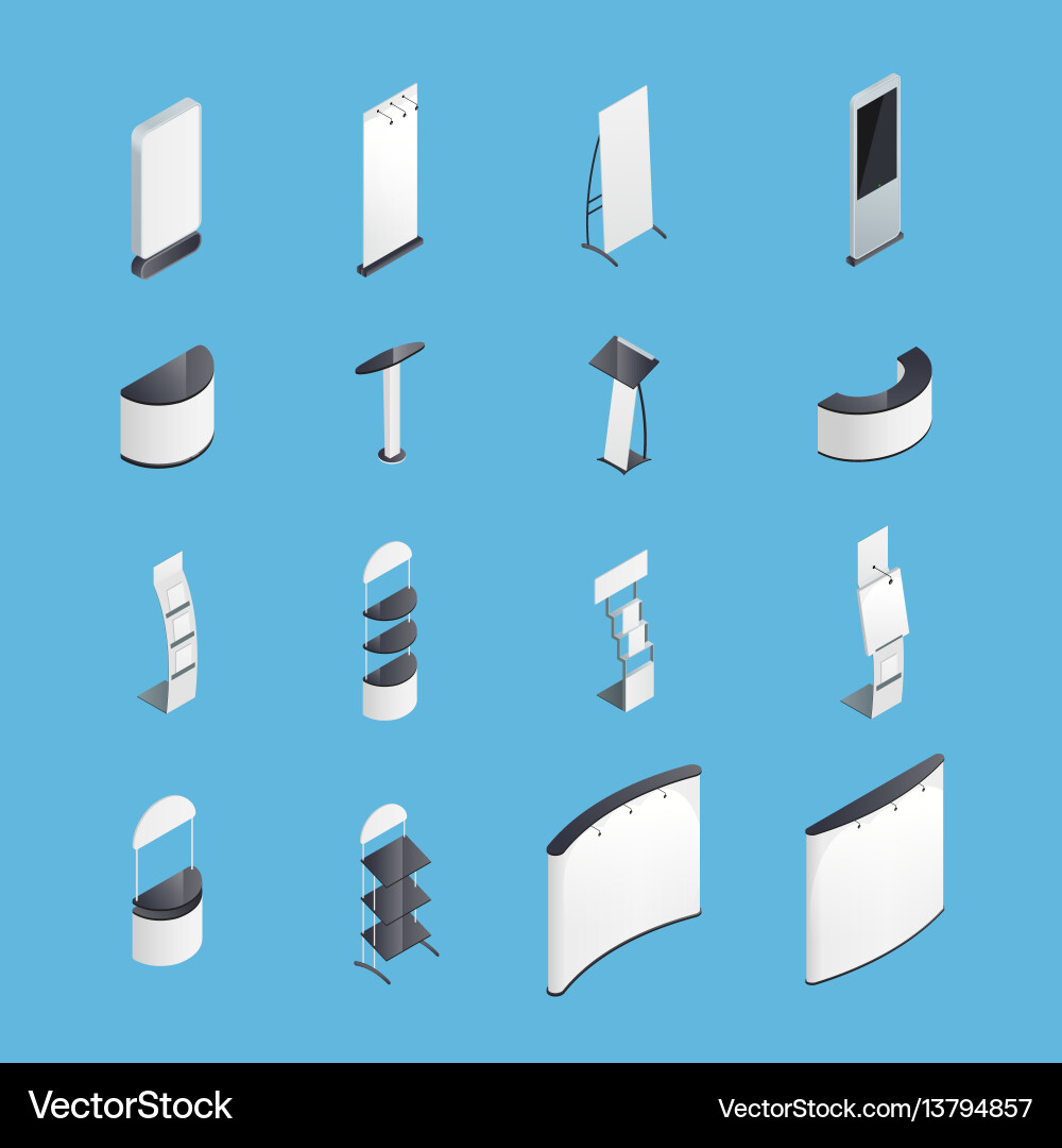Exhibition stands isometric icons set Royalty Free Vector