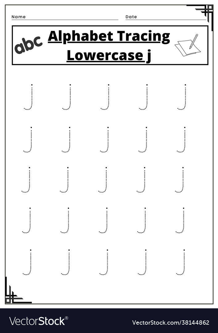 Alphabet tracing lower case j worksheet Royalty Free Vector