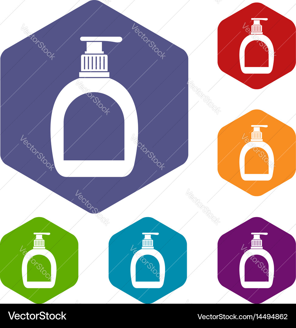 Bottle with liquid soap icons set hexagon Vector Image