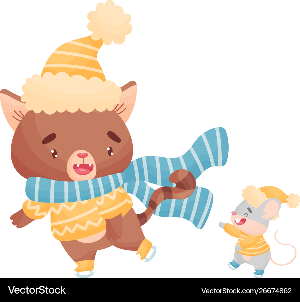 Cartoon mouse and cat ice skating Royalty Free Vector Image