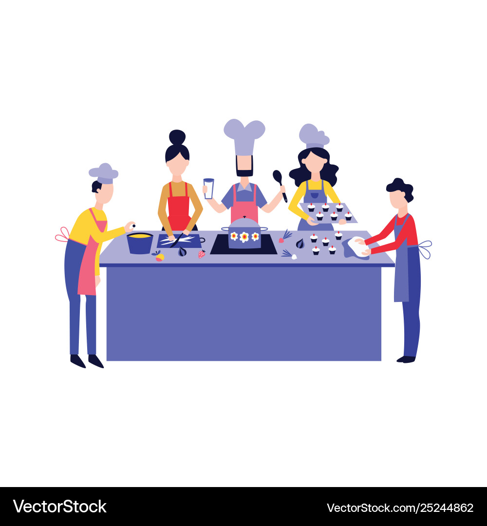 Chef cooking food with team at kitchen table flat Vector Image