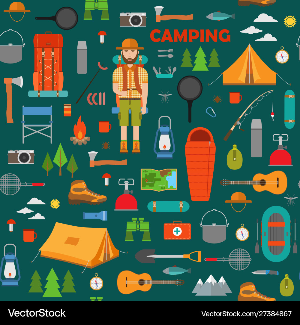 Camping hiking and fishing seamless pattern Vector Image