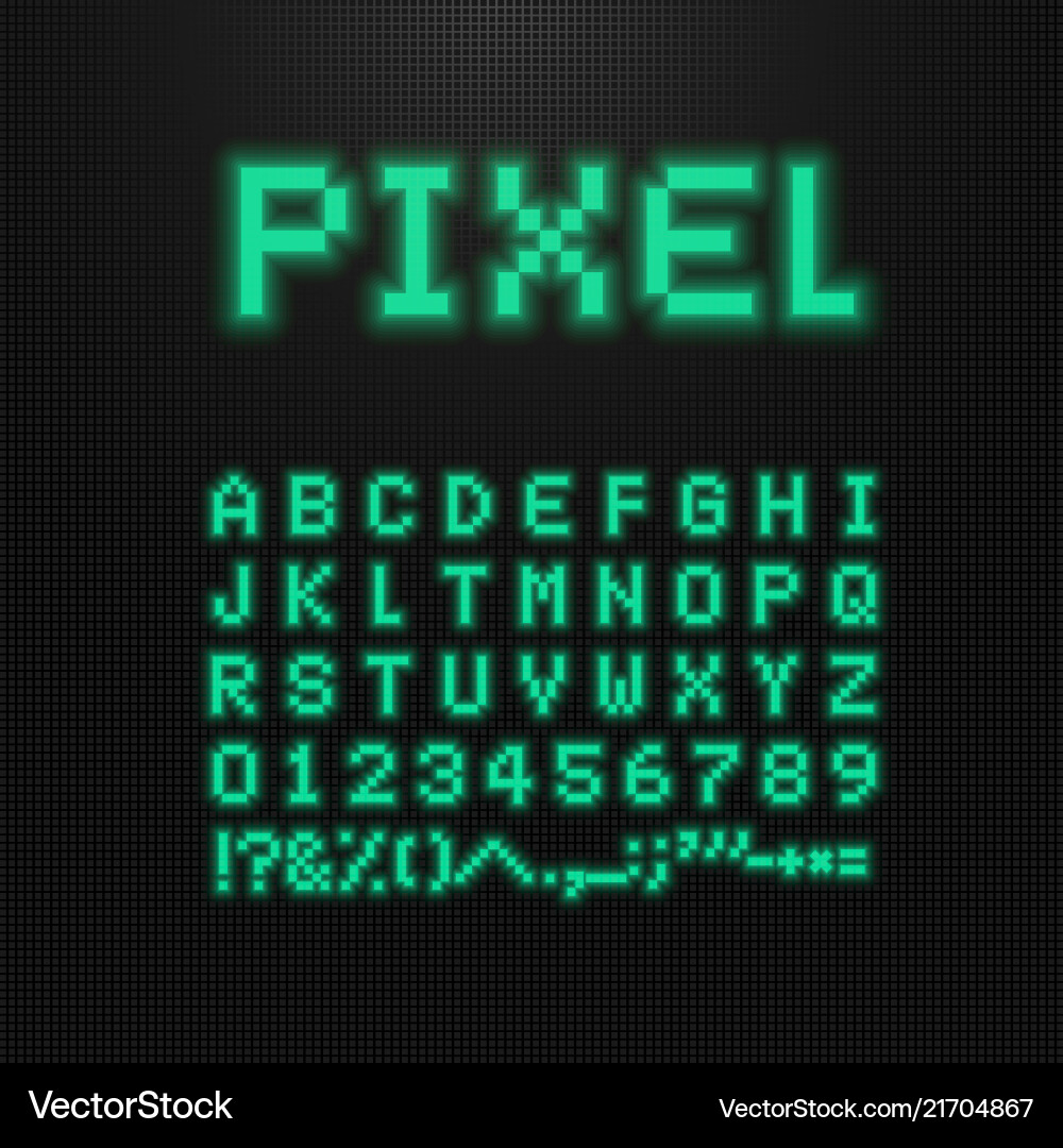 Pixel font letters numbers and signs on Royalty Free Vector