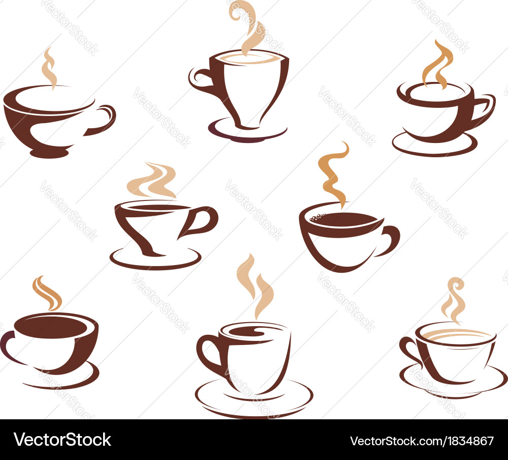 Set of steaming cups hot beverages Royalty Free Vector Image