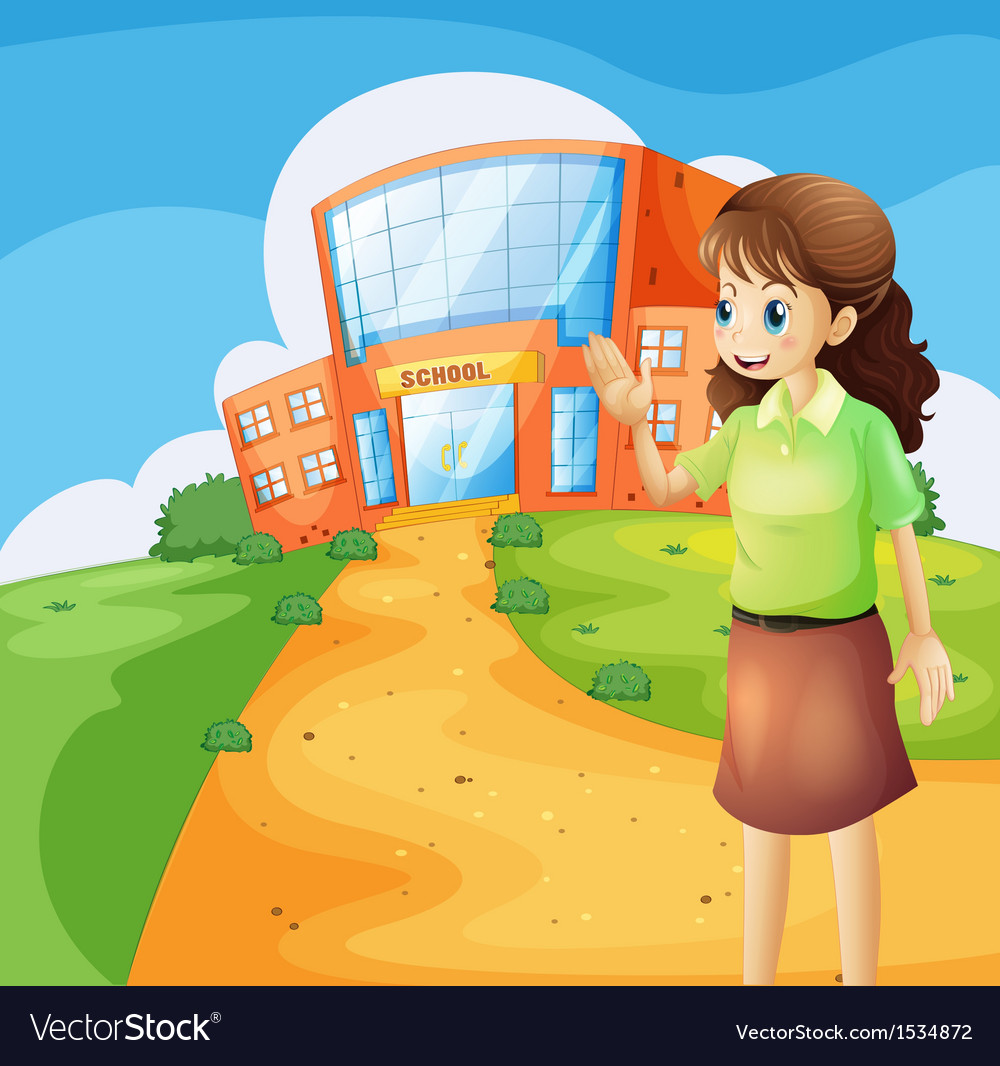 A teacher in front school building Royalty Free Vector Image