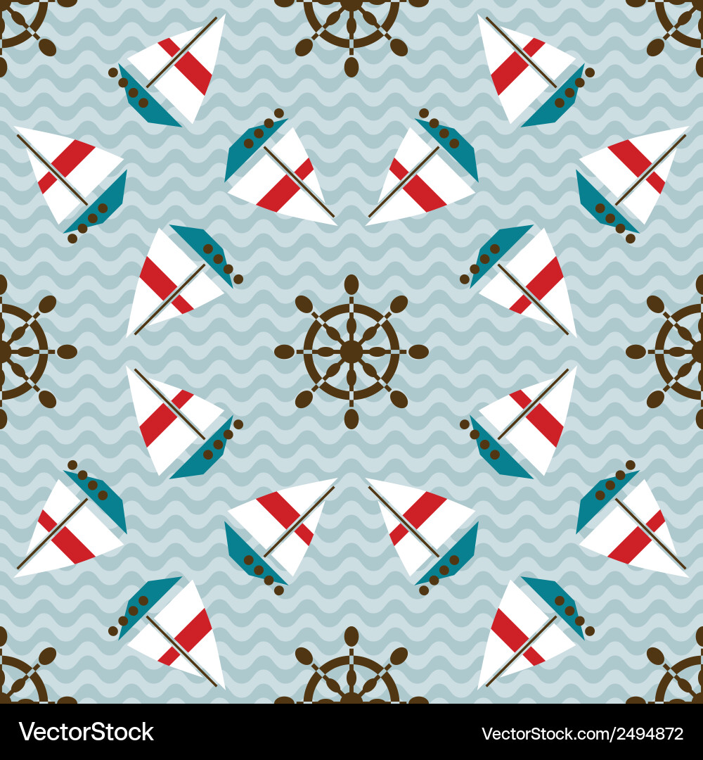 Seamless sea pattern with boats and hand wheels Vector Image