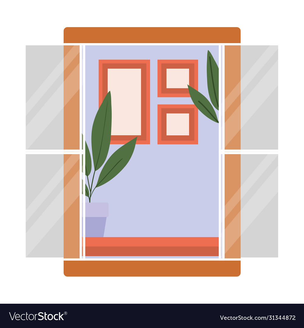 Window with interior view plants and frames Vector Image