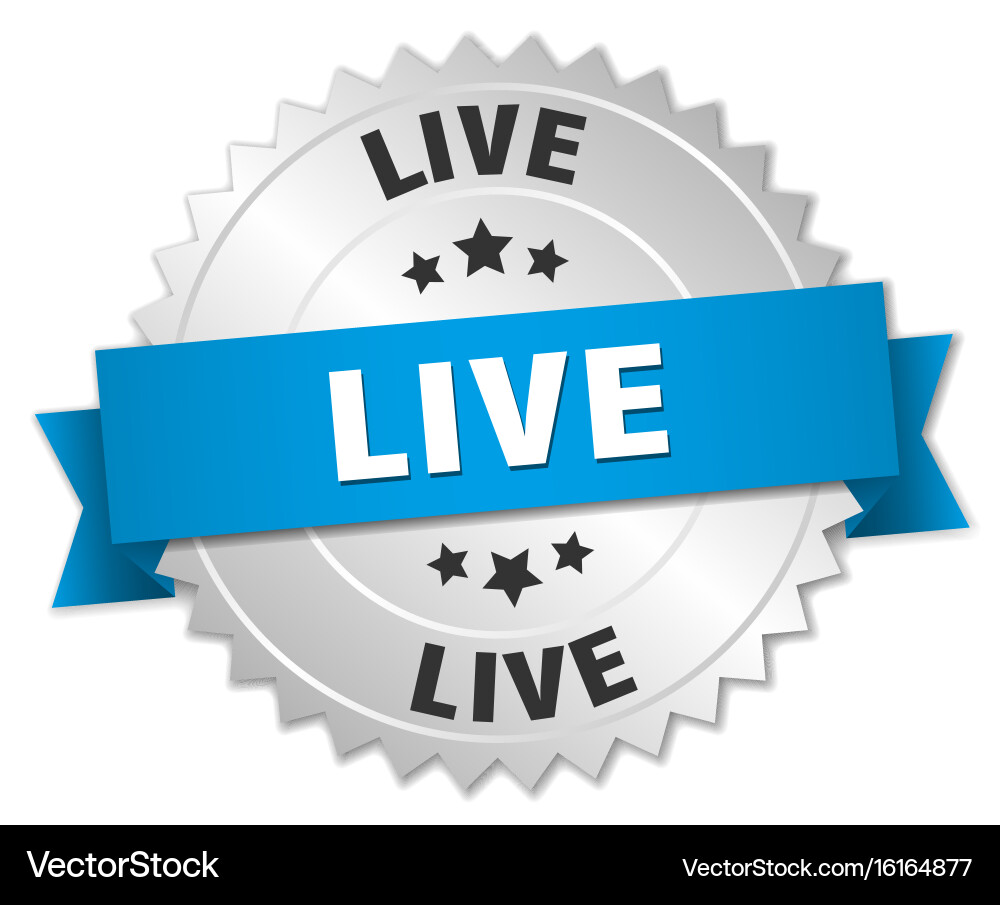 Live 3d silver badge with blue ribbon Royalty Free Vector