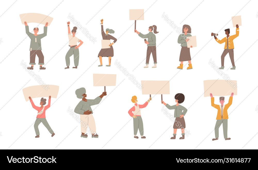 Protest group men and women with banners Vector Image