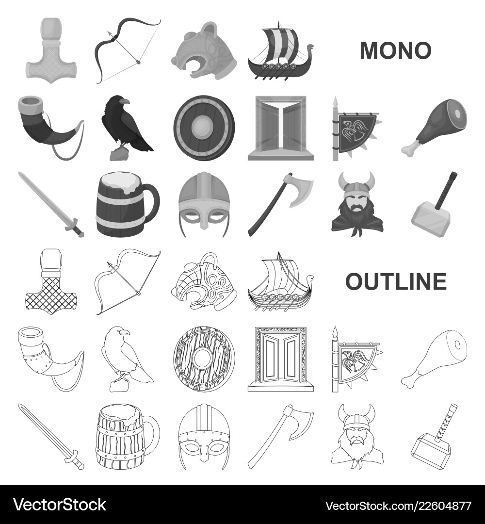 Vikings and attributes monochrom icons in set Vector Image
