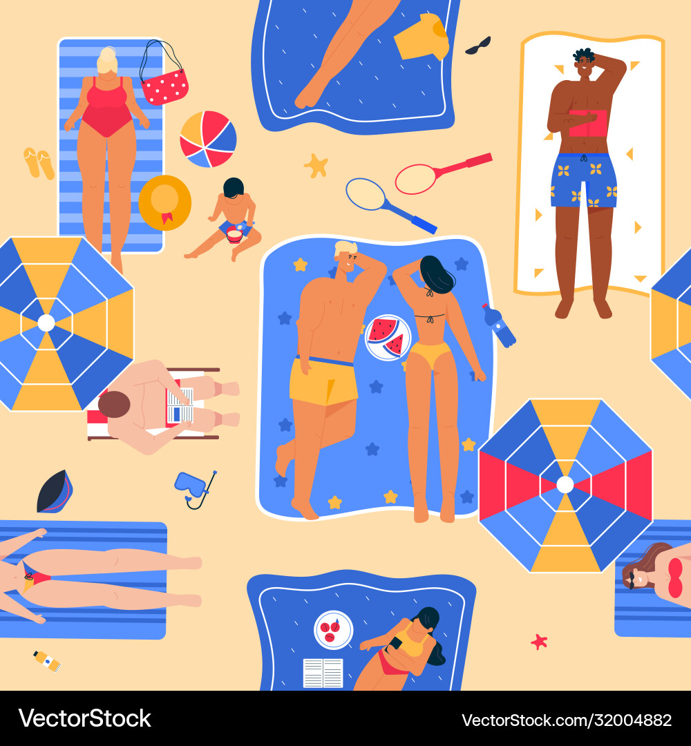 Happy people sunbathing on beach in top view Vector Image