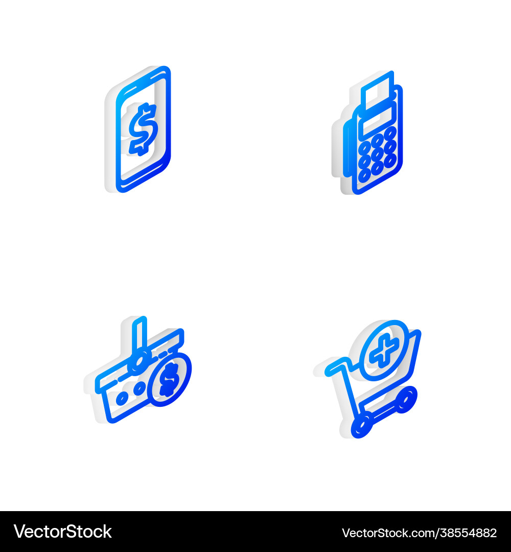 Set isometric line pos terminal with credit card Vector Image