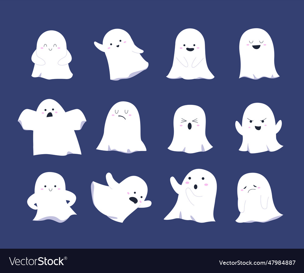 Cute Funny Halloween Cartoon Ghosts Set White Vector Image