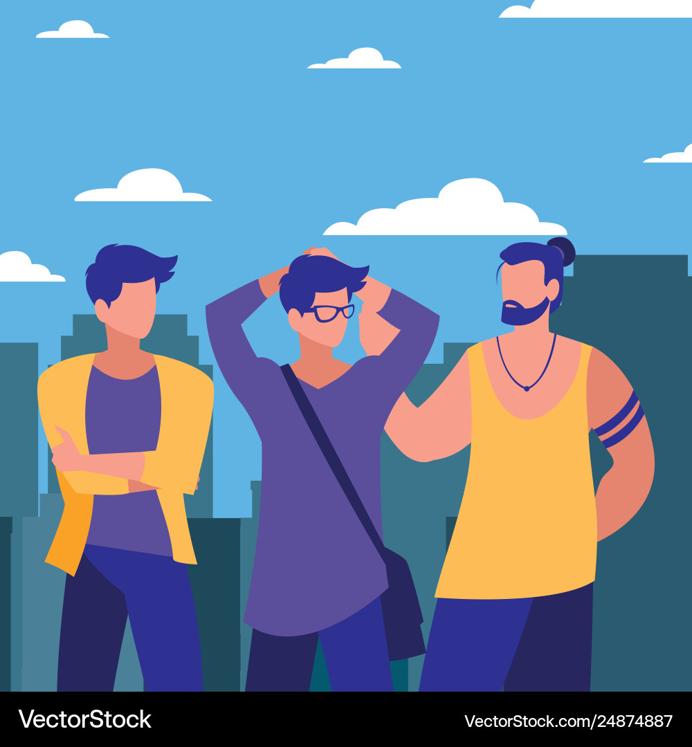 Three men standing in city street Royalty Free Vector Image