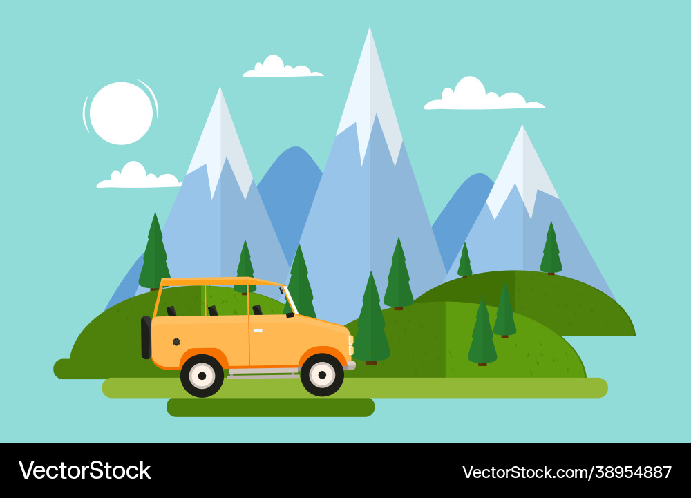 Yellow car is driving along forest with huge Vector Image