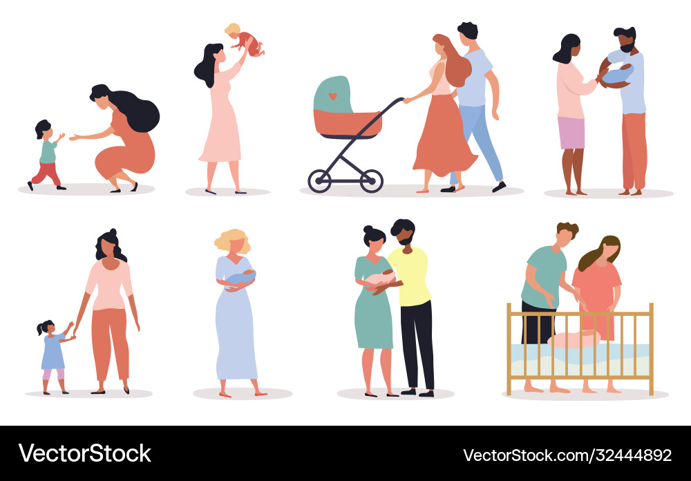 Eight different scenes depicting motherhood Vector Image