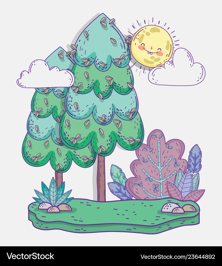 Nature trees with plants leaves and sun Royalty Free Vector
