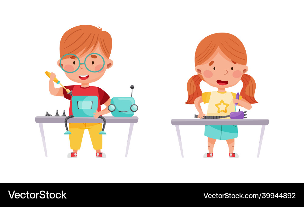 Smiling little boy and girl engineering Royalty Free Vector
