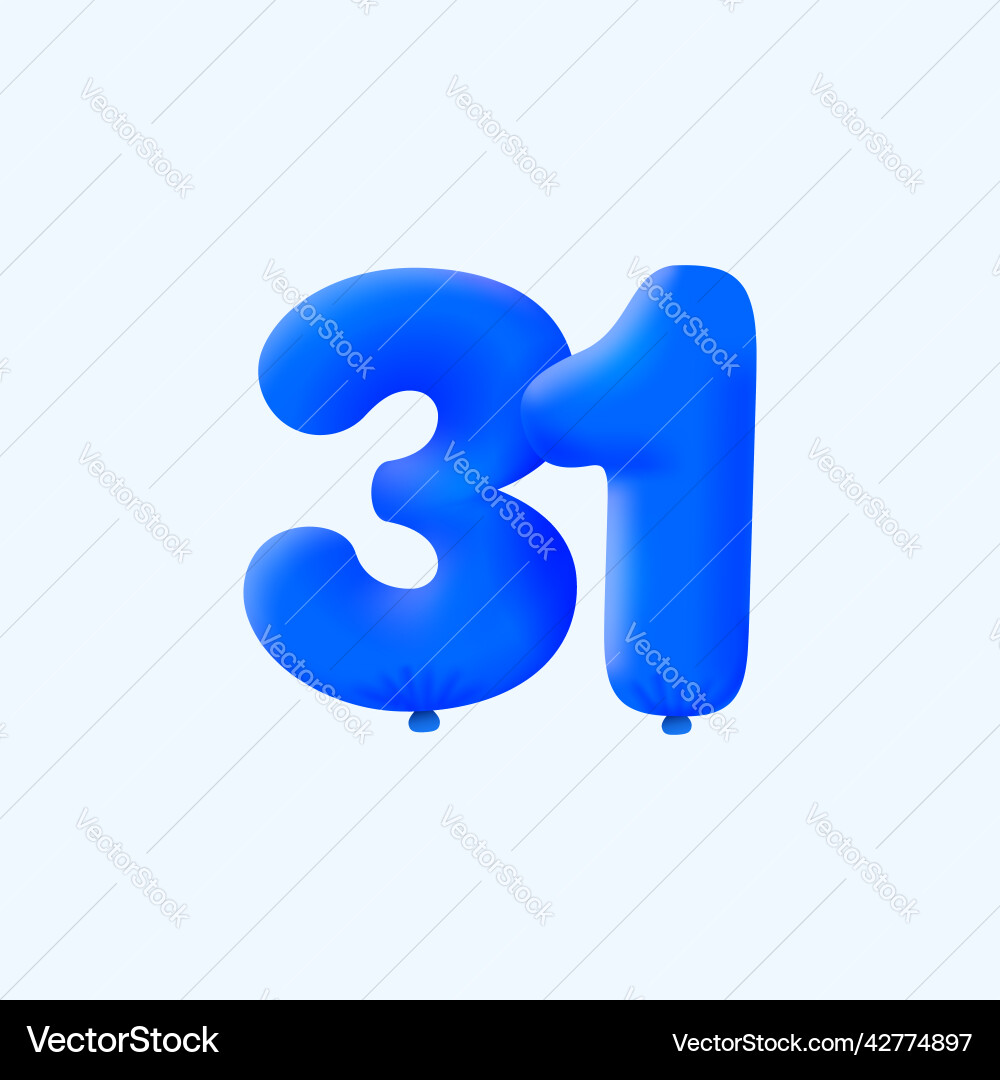 Blue 3d number 31 balloon realistic helium Vector Image