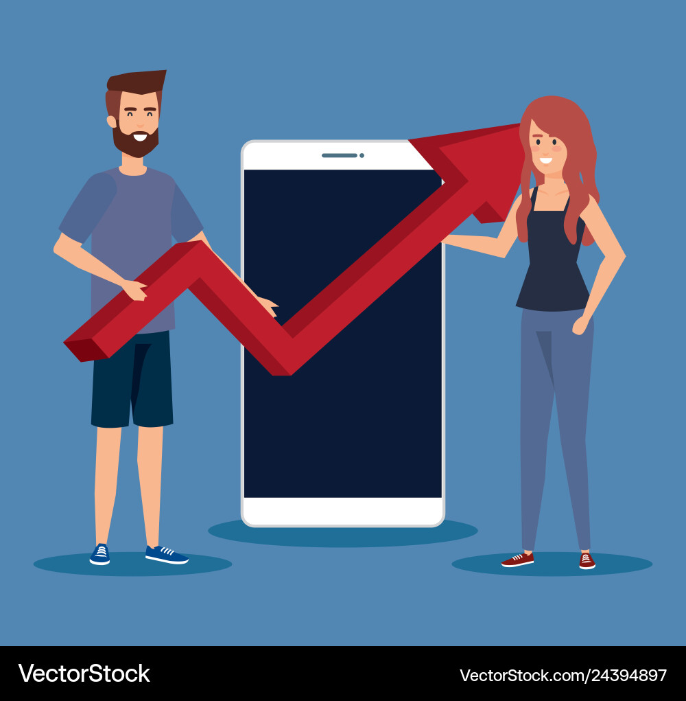 Couple with smartphone and arrow statistics Vector Image
