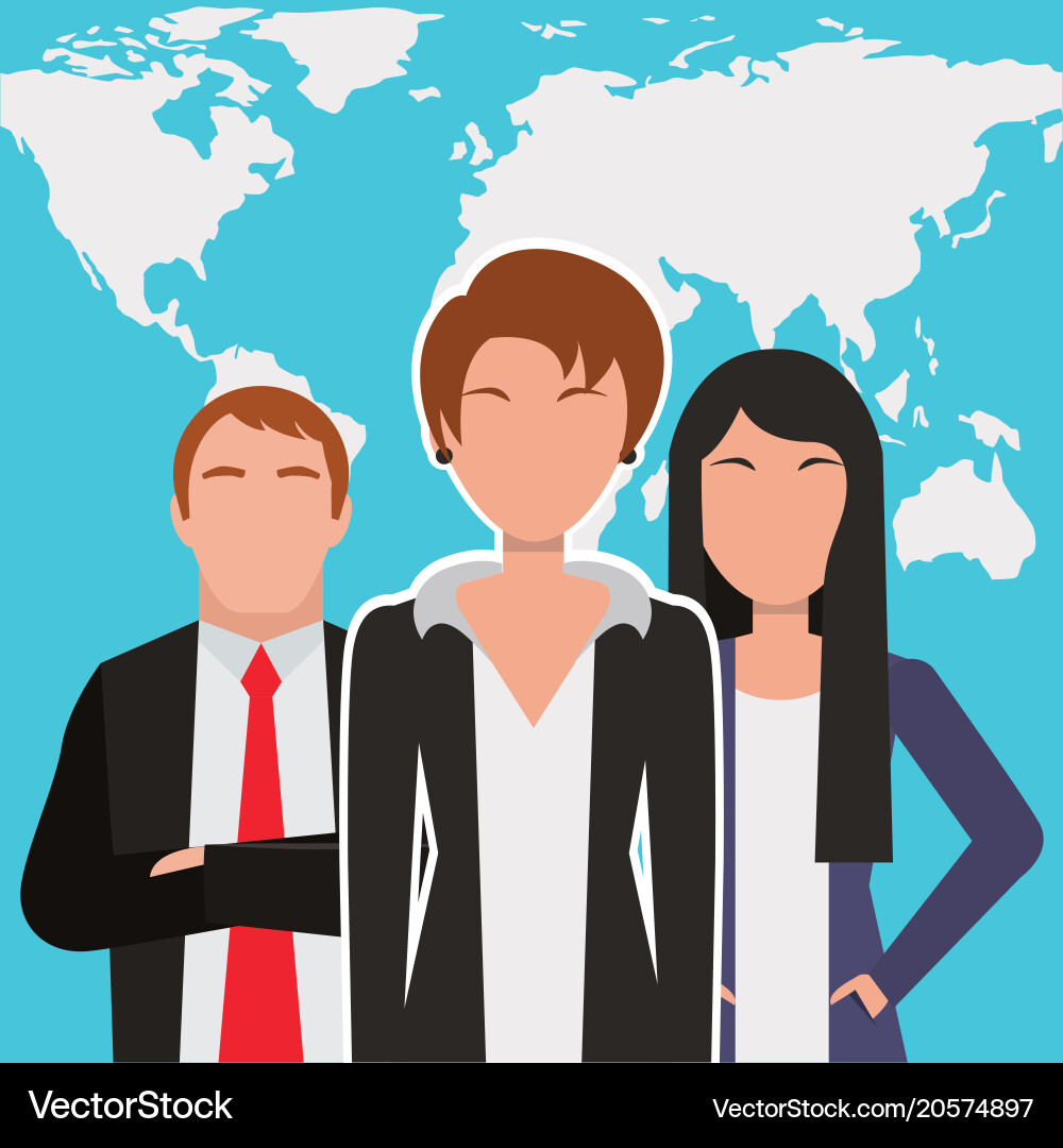 People business workers characters with world map Vector Image