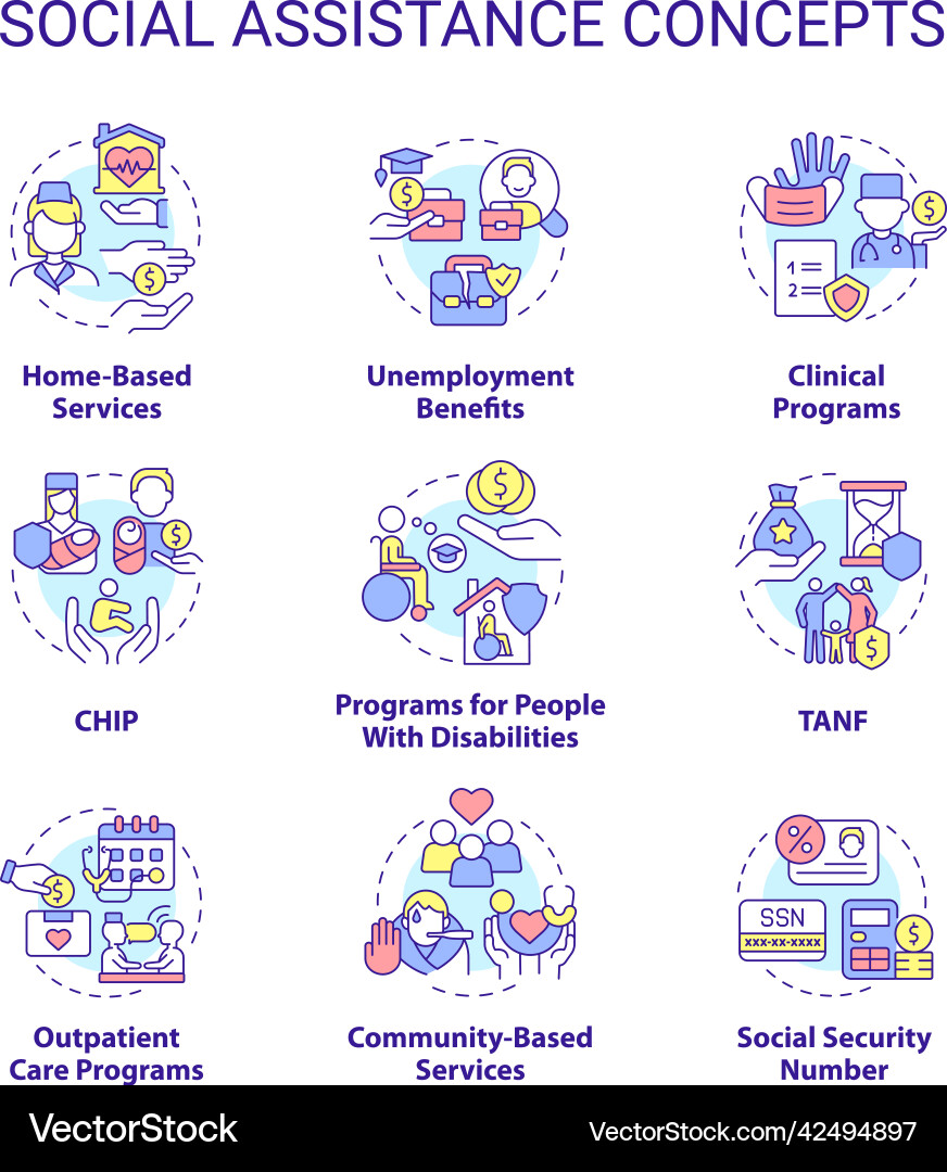 Social assistance concept icons set Royalty Free Vector