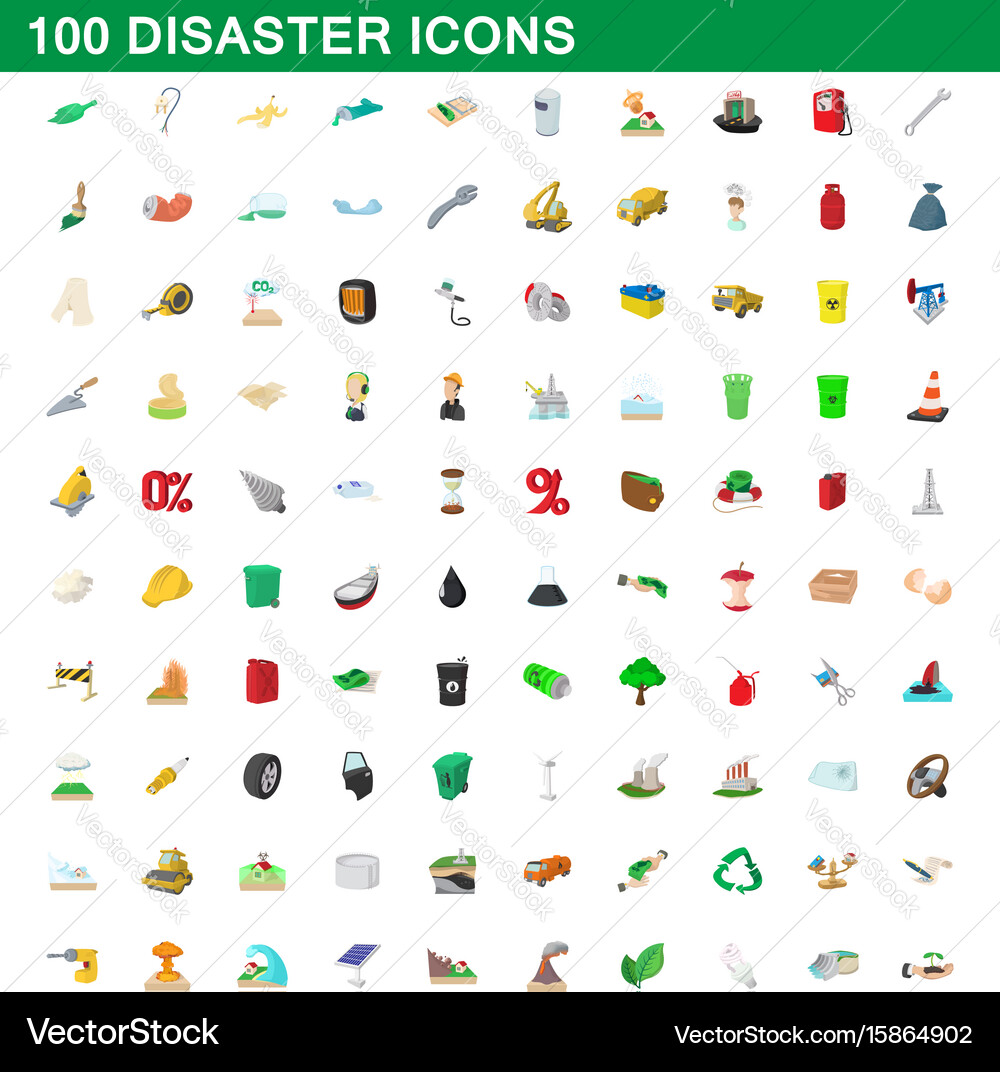 100 disaster icons set cartoon style Royalty Free Vector