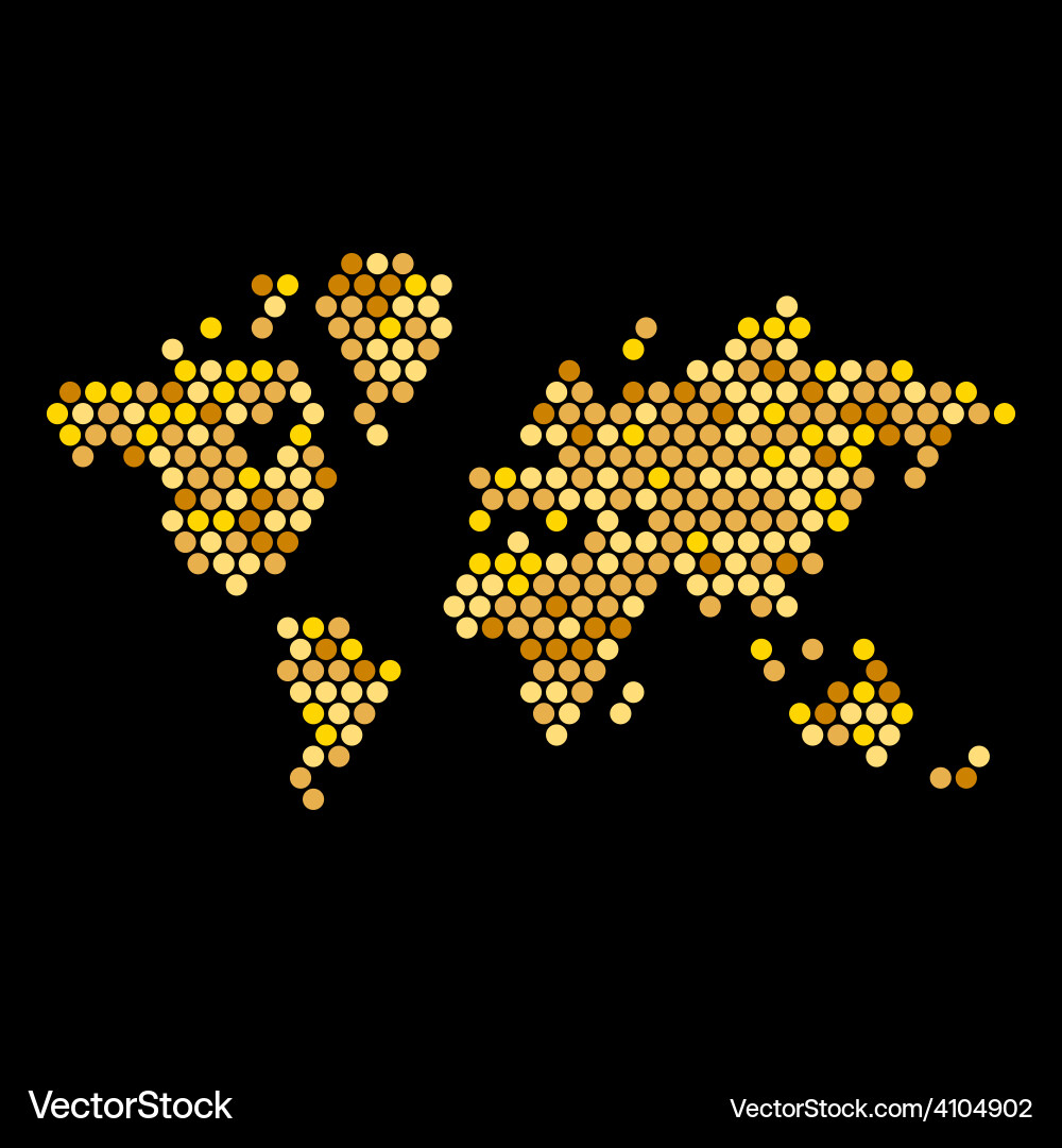 Dotted gold colors world map isolated on black Vector Image
