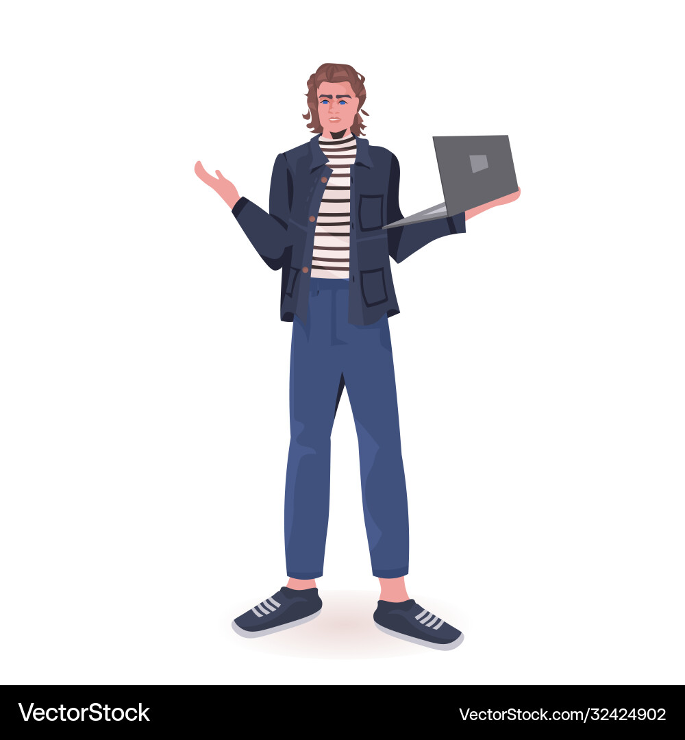 Man holding laptop guy model in trendy clothes Vector Image