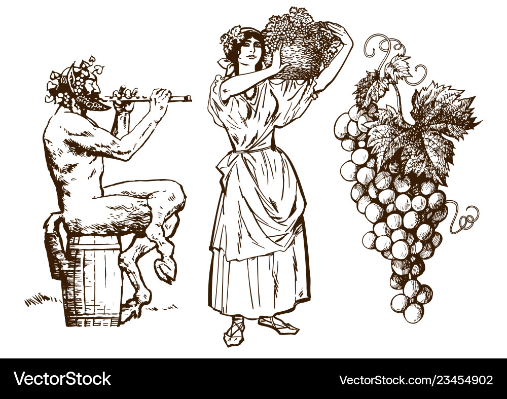 Satyr sitting on the barrel beautiful peasant Vector Image