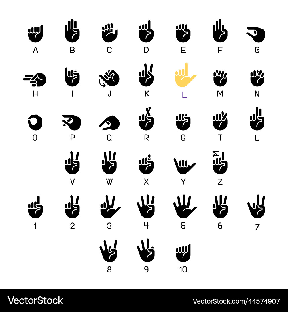 American sign language black glyph icons set Vector Image