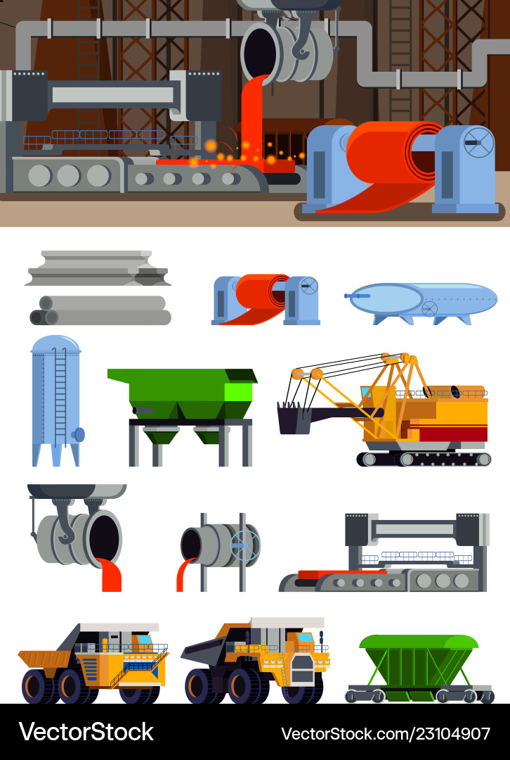 Steel production flat icons set Royalty Free Vector Image