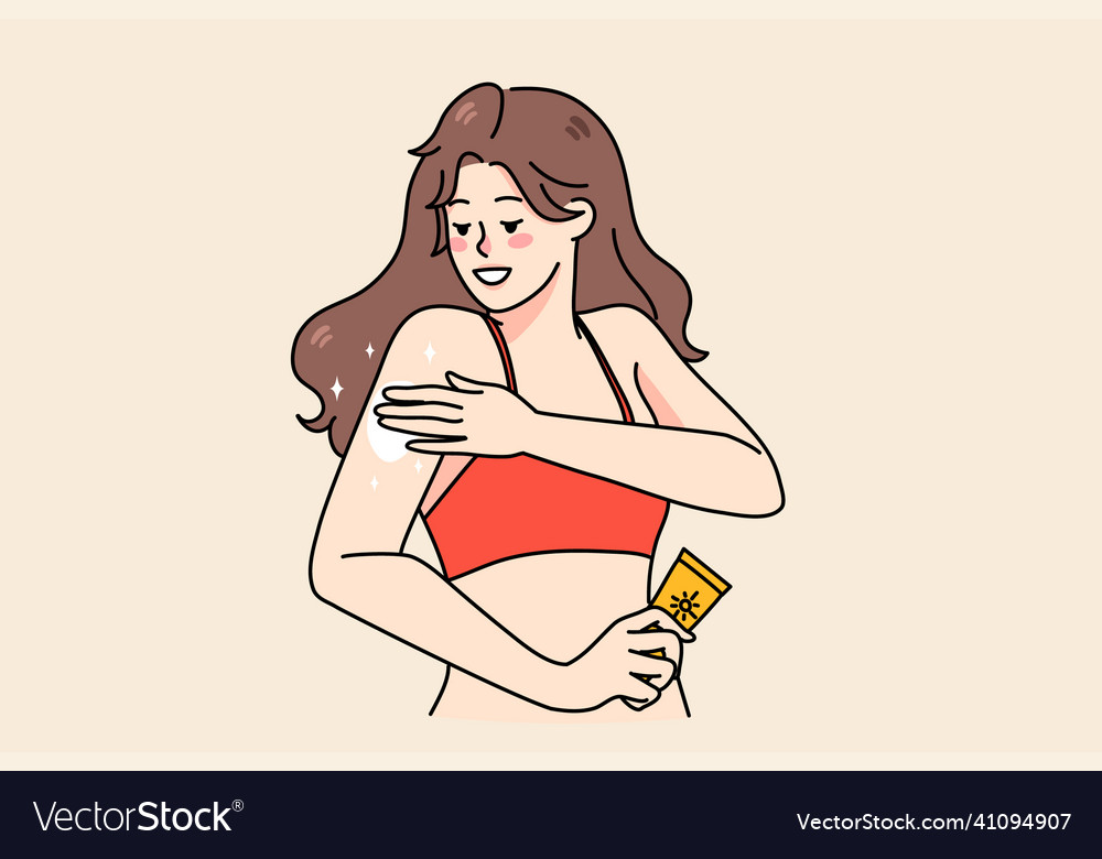 Woman Apply Sunscreen On Body During Summer Vector Image