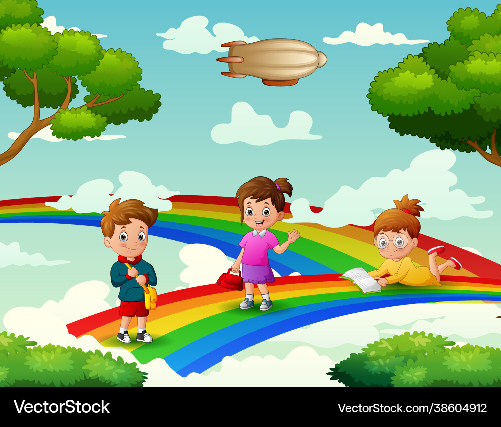Cute cartoon children on rainbow Royalty Free Vector Image