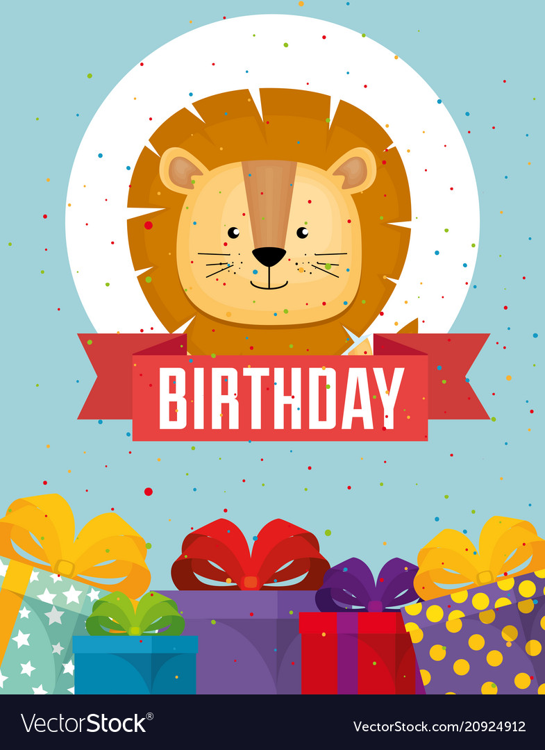 Happy birthday card with cute lion Royalty Free Vector Image