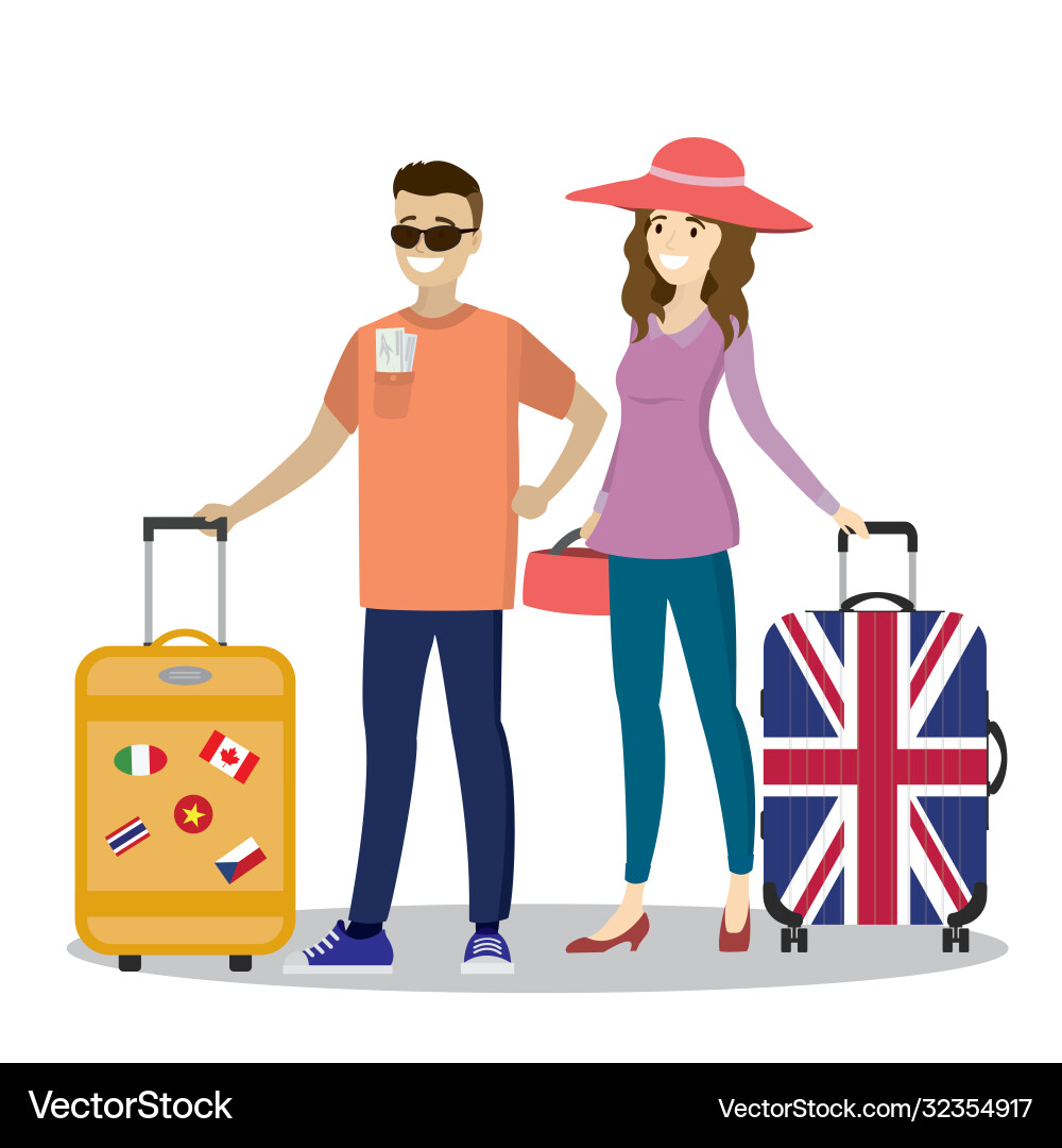 Cartoon caucasian passengers with modern suitcases