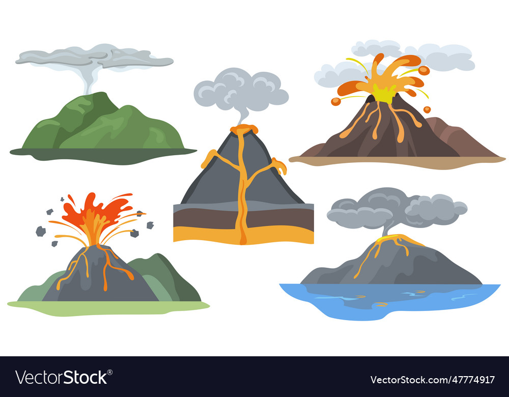 Exploding volcanoes set Royalty Free Vector Image