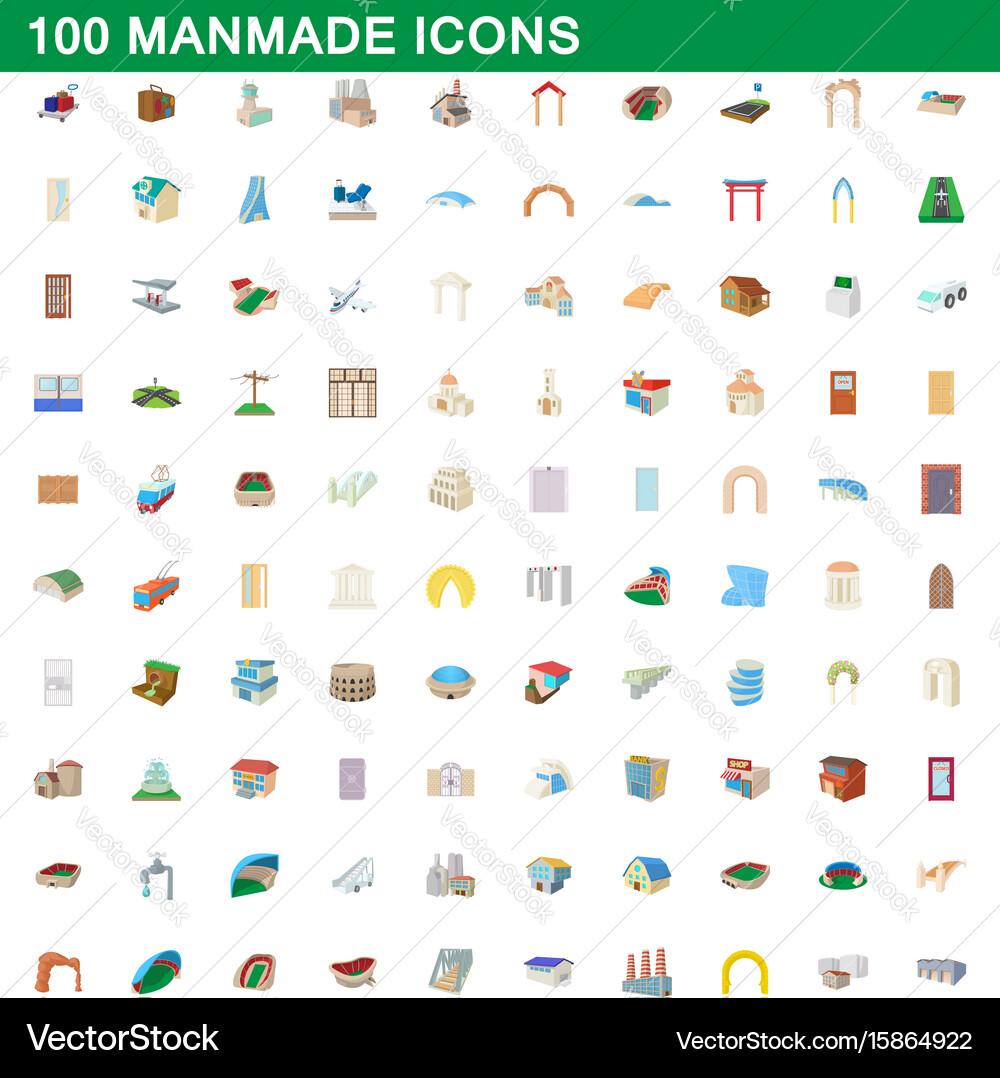 100 manmade icons set cartoon style Royalty Free Vector
