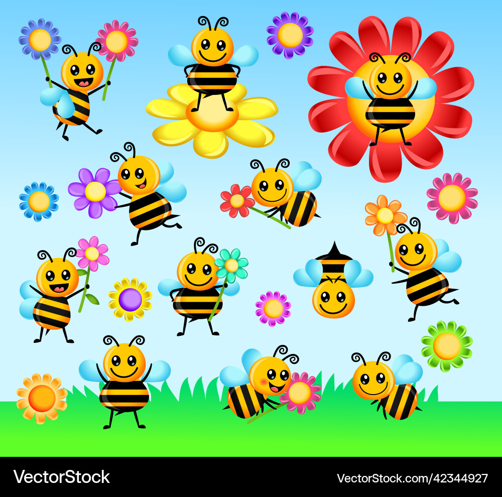 Cute cartoon spring garden flower bees Royalty Free Vector