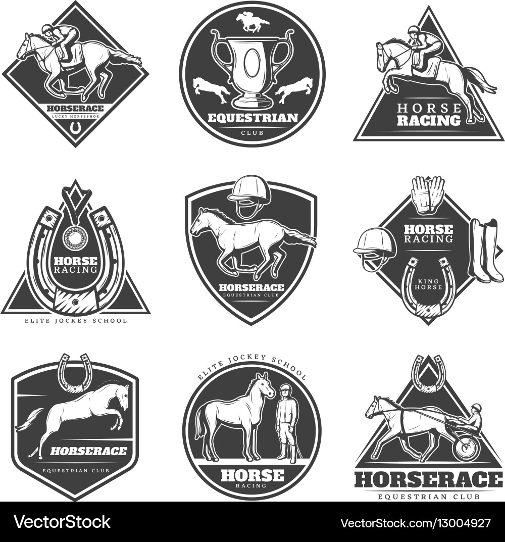 Monochrome Horse Racing Labels Set Royalty Free Vector Image