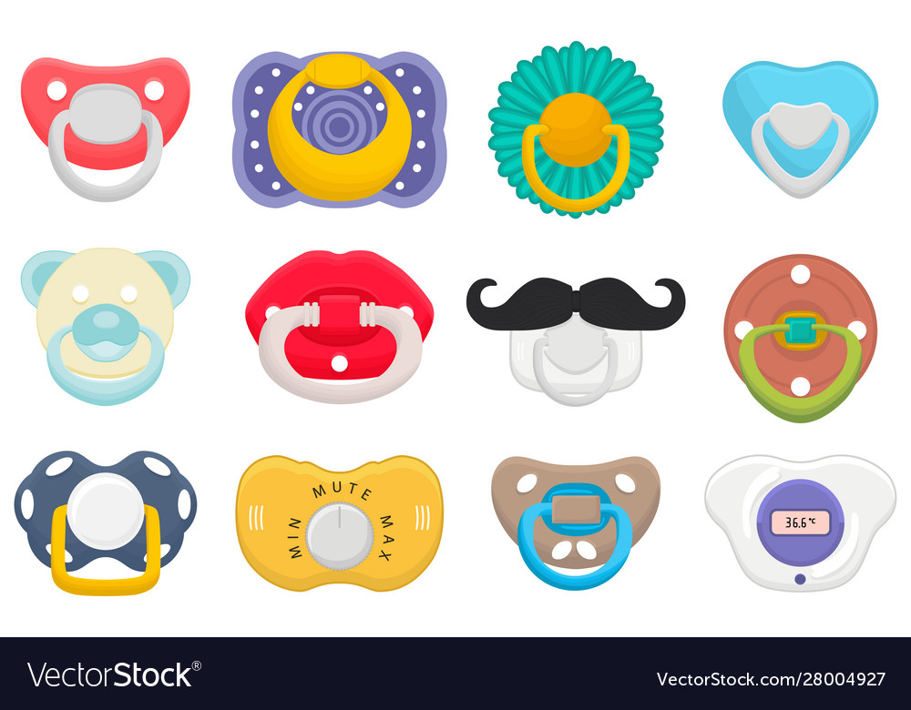 On theme big colored set baby pacifiers Royalty Free Vector