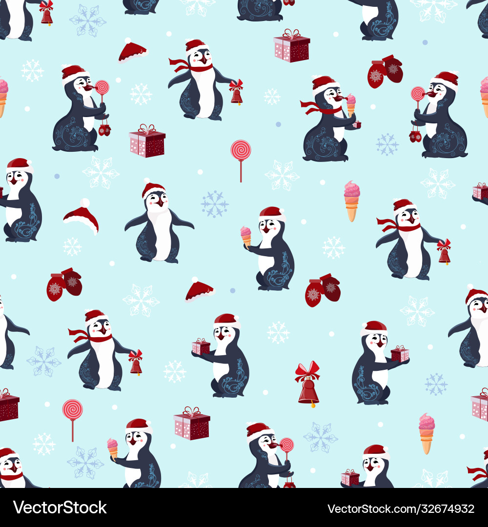 Seamless background with penguins and snowflakes Vector Image